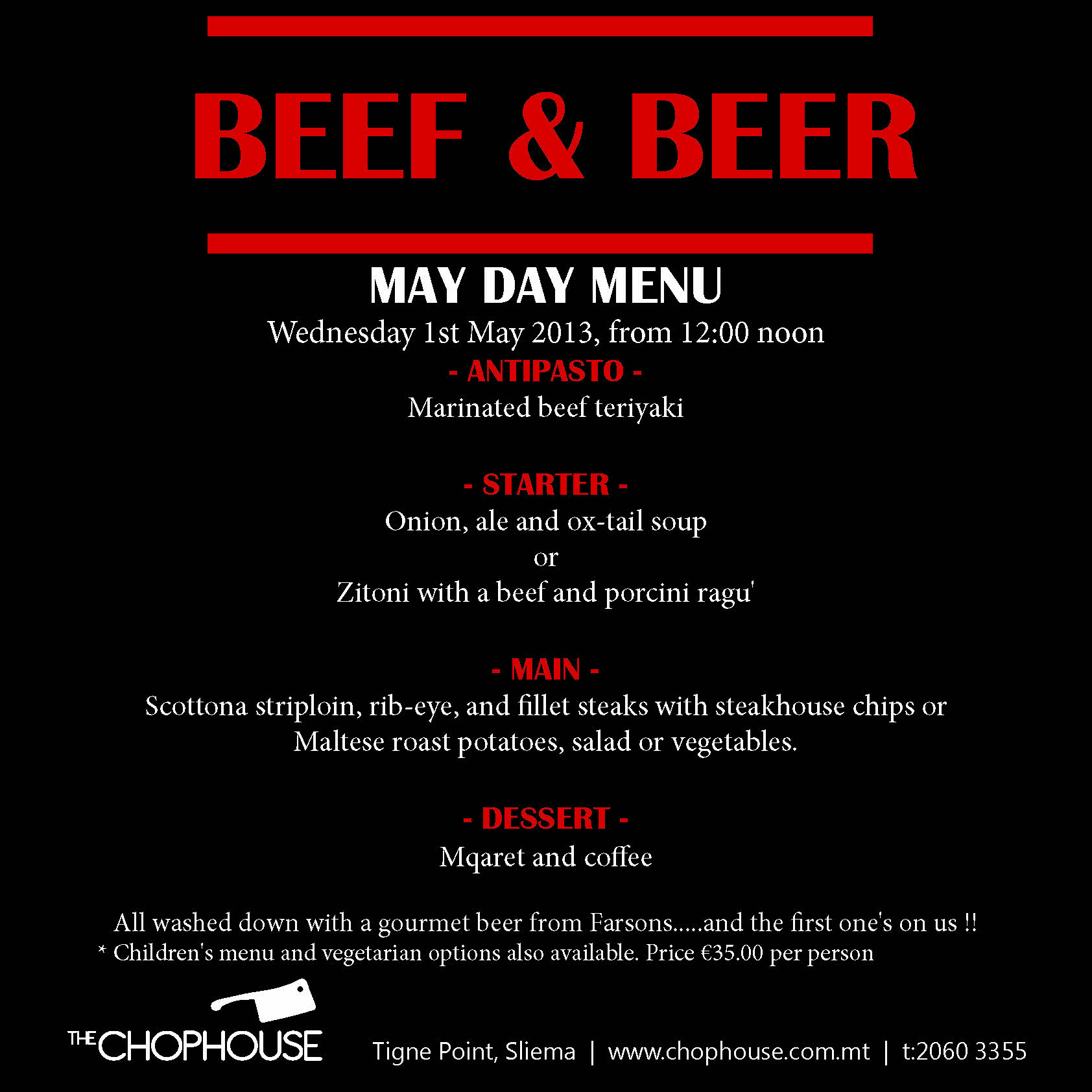BEEF & BEER – Wednesday 1st May 2013, from 12:00 noon – The Chophouse